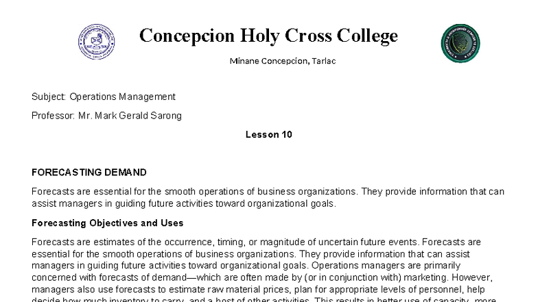 Operations Management (OM) Lesson 10: Demand Forecasting Techniques ...