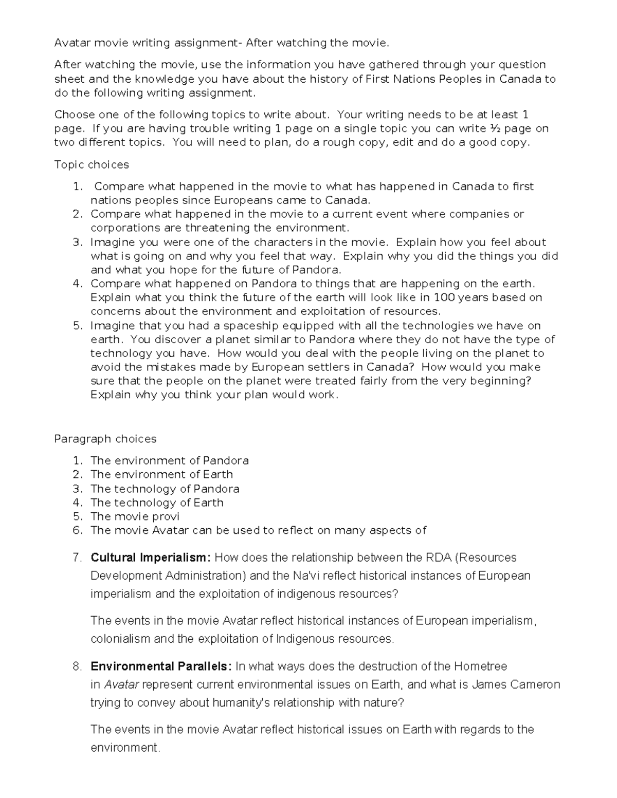 Avatar Movie Writing Assignment: Exploring Themes and Parallels - Studocu