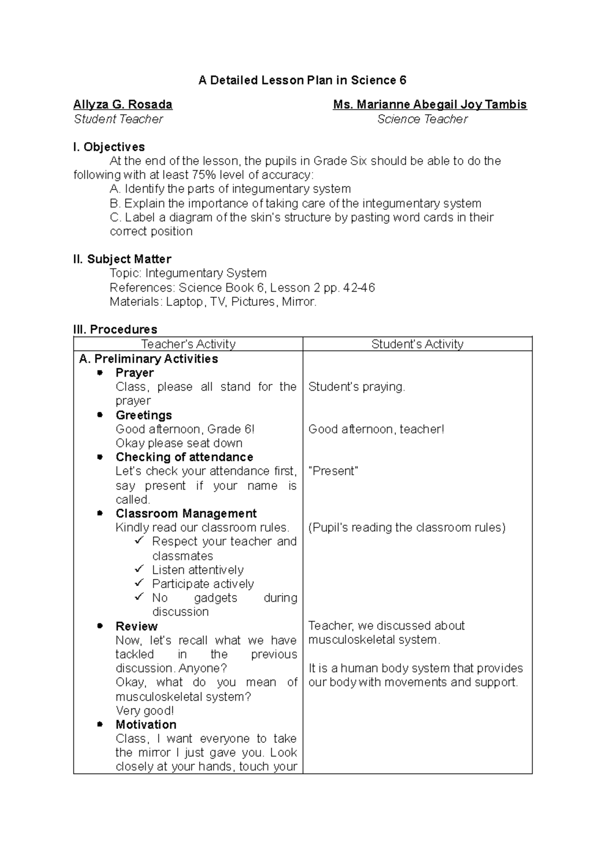 Detailed Lesson Plan: Integumentary System for Science 6 - Studocu