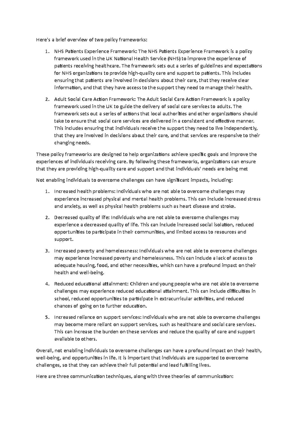 NHS Patients Experience & Adult Social Care Frameworks Overview - Studocu