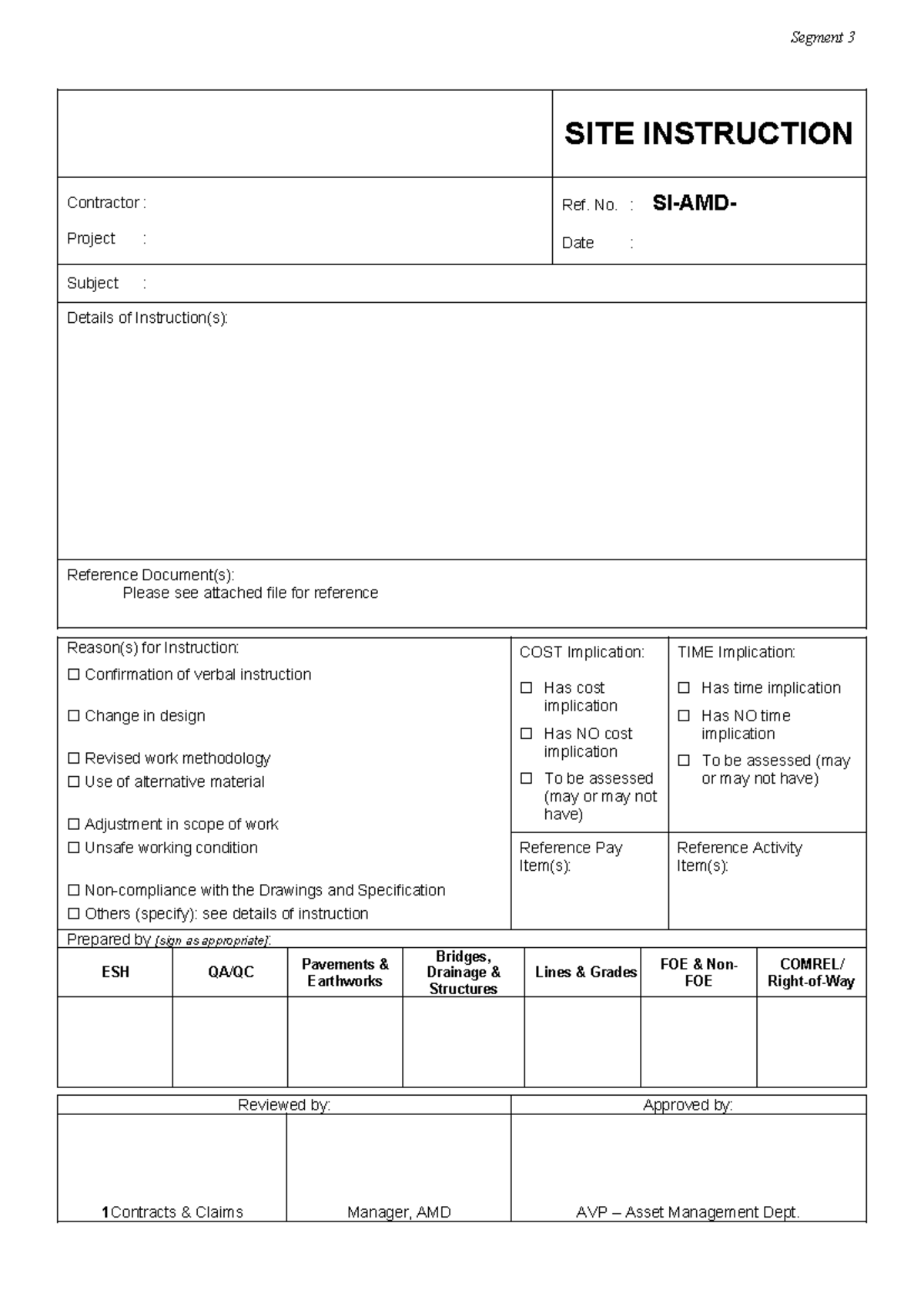 Segment 3 - SI - SITE Instruction Form for ESH Pavements & Earthworks ...