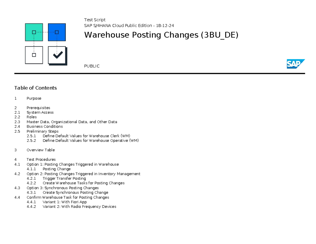 Test Script for Warehouse Posting Changes in SAP Cloud (3BU_DE) - Studocu