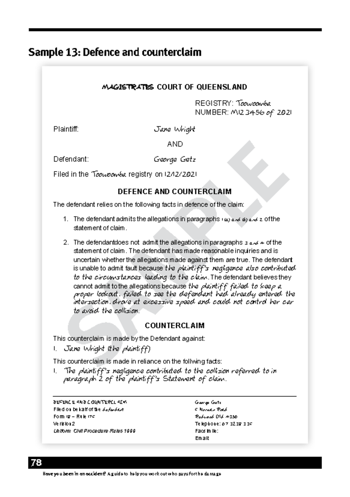 Sample 13: Defence & Counterclaim for Accident Claim - M123456 - Studocu