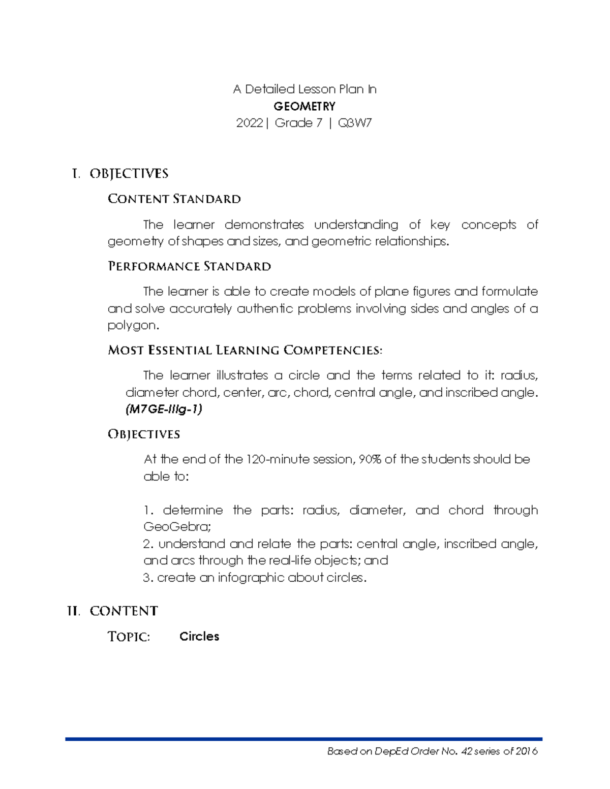 Grade 7 Geometry Lesson Plan: Circles (Q3W 7) Based on DepEd Order ...