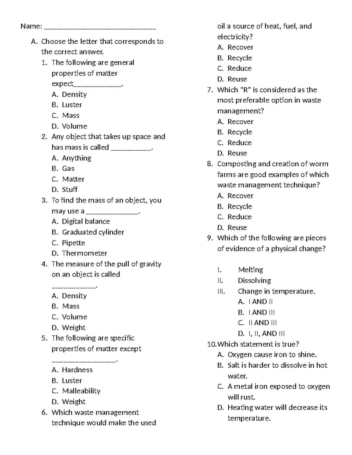 Worksheet 4 - Lesson on Properties of Matter and Waste Management - Studocu