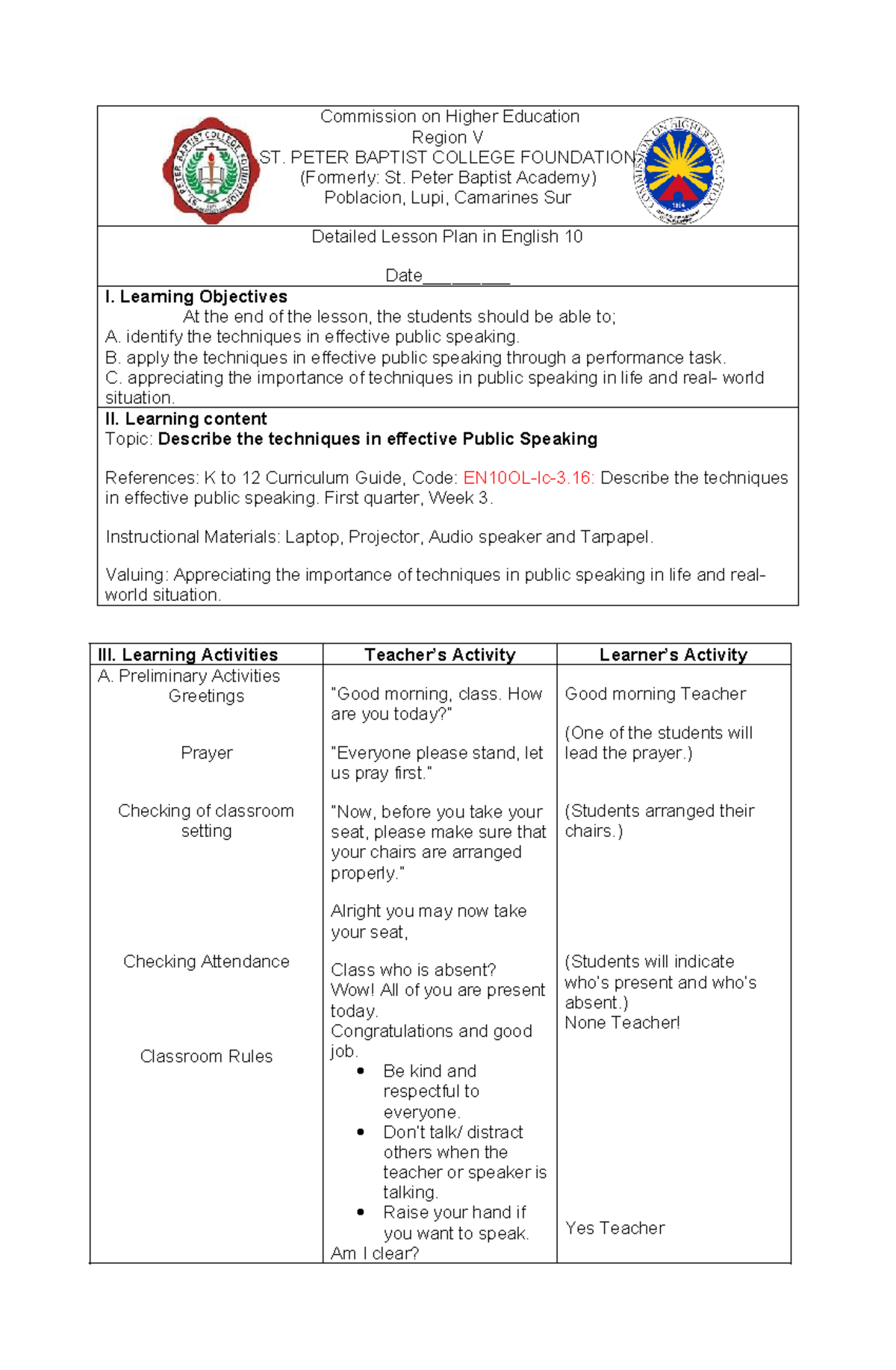 DLP: Detailed Lesson Plan on Effective Public Speaking Techniques - Studocu