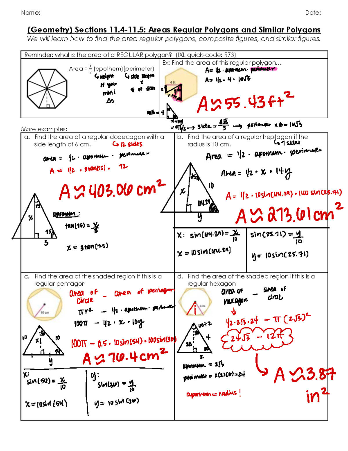 Geometry G.11.4.5: Areas of Regular & Similar Polygons Notes - Studocu