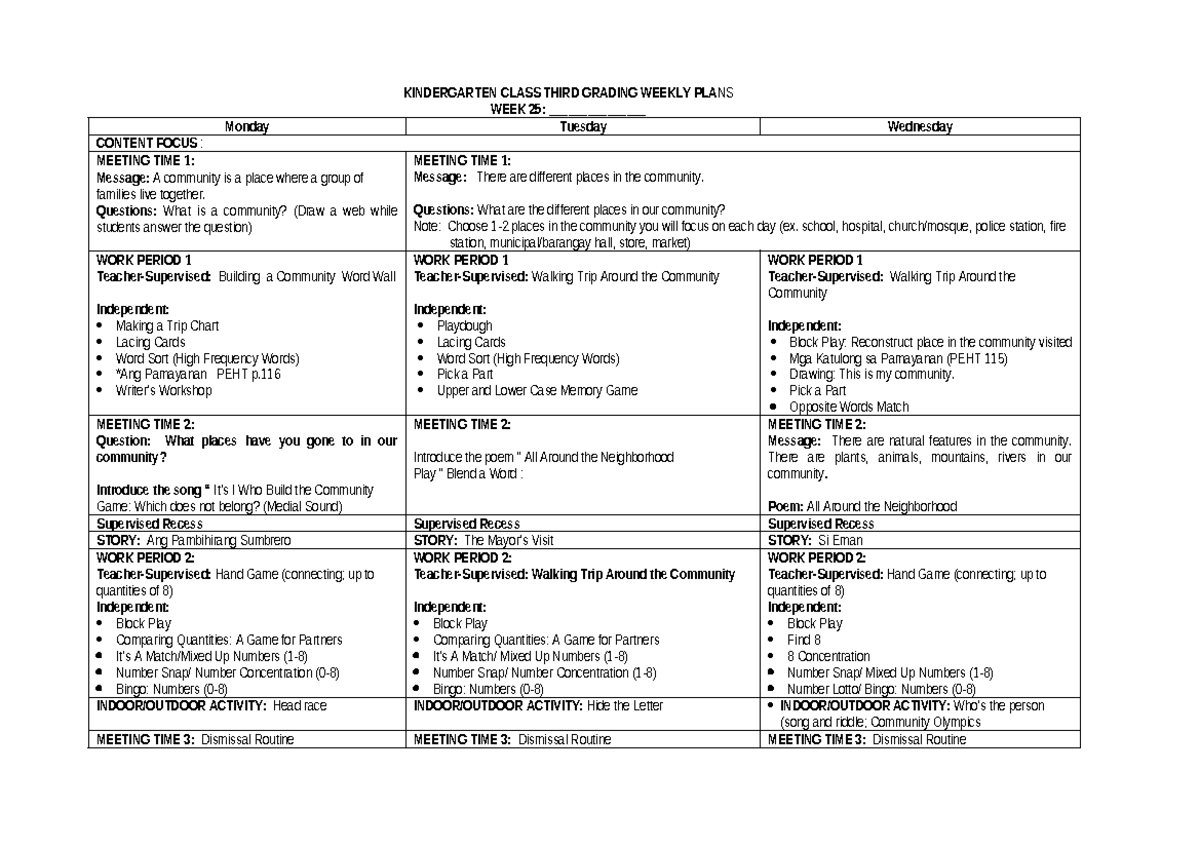 Kindergarten Lesson Plan Week 25 - KINDERGARTEN CLASS THIRD GRADING ...