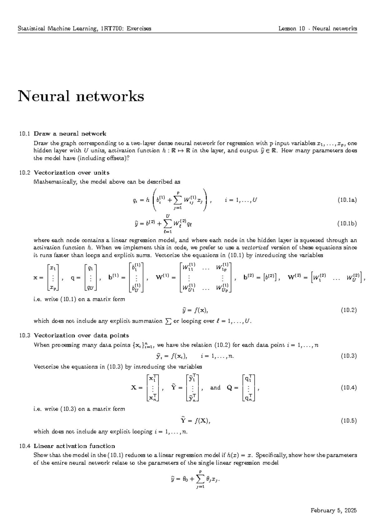 Statistical Machine Learning, 1RT700: Final Exam Exercises on Neural ...