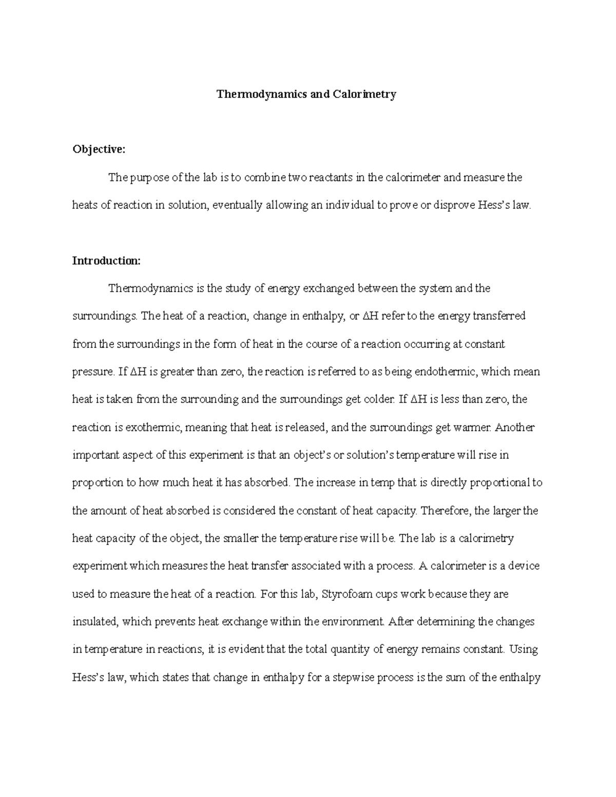 Hess's Law Calorimetry Lab Report: Thermodynamics (CHEM 101) - Studocu