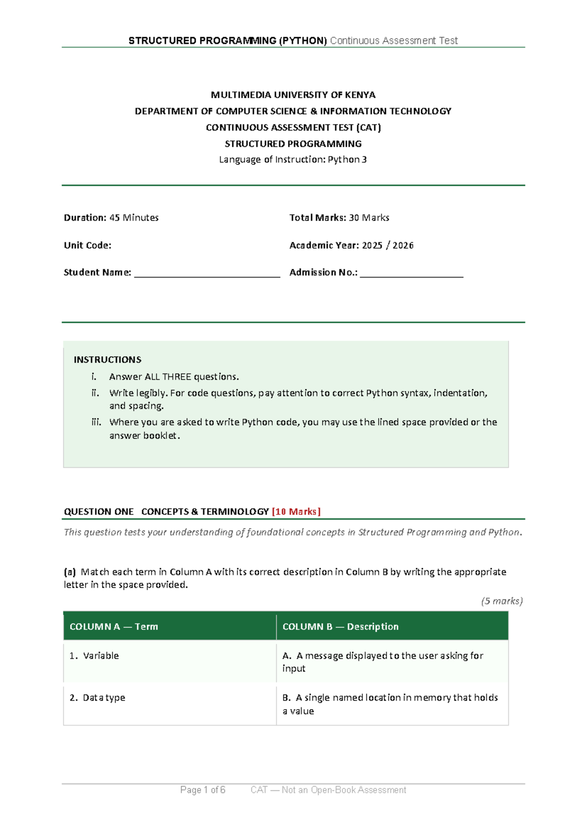 Structured Programming (Python) CAT - Multimedia University 2025-2026 ...