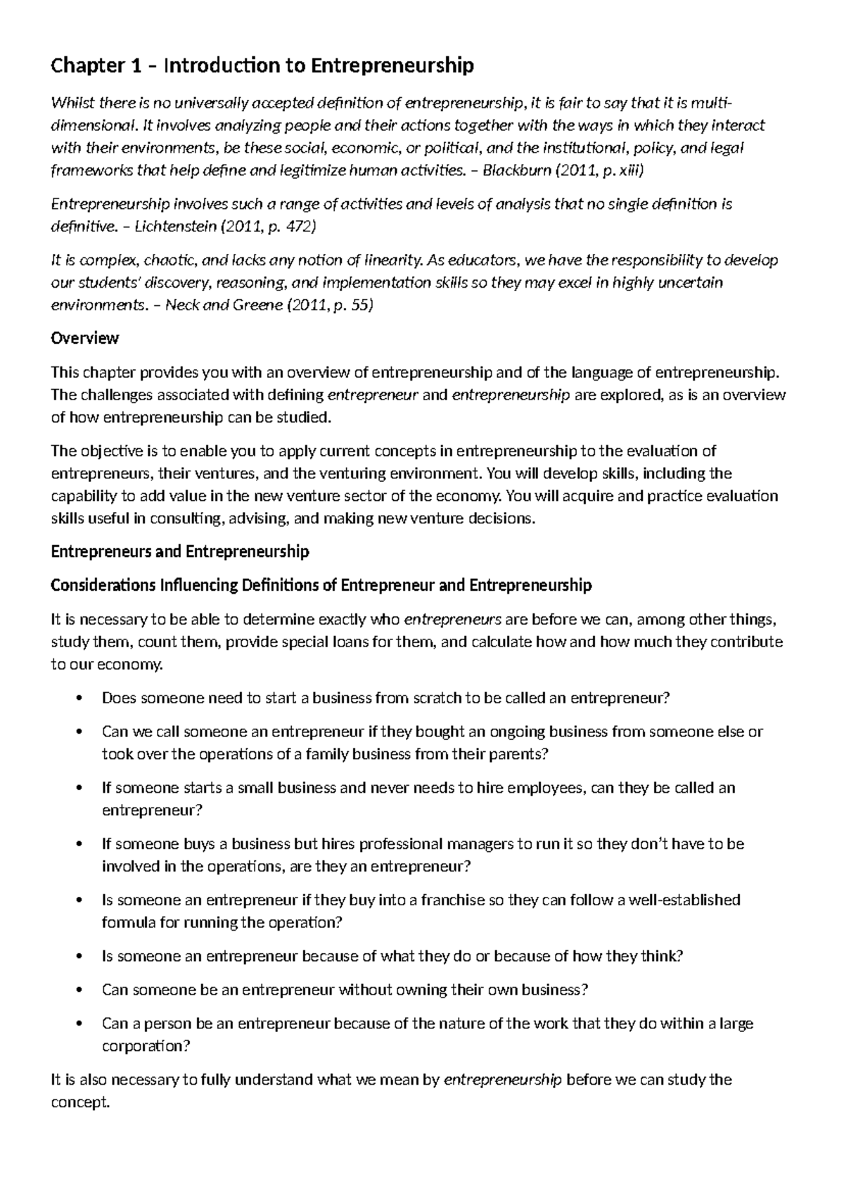 Chp 1 & 2: Intro to Entrepreneurship & Opportunity Recognition - Studocu