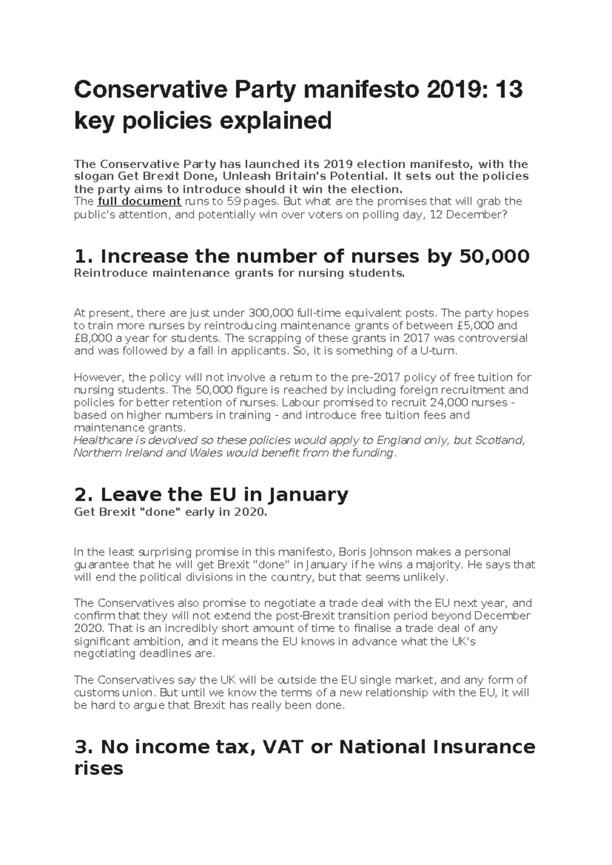 12 Conservative Party Manifesto 2019: Key Policies Overview - Studocu
