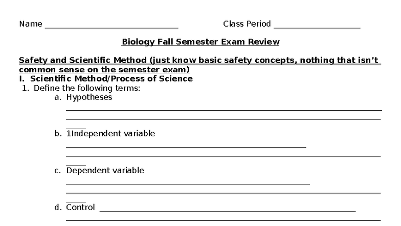 Biology 101: Fall Semester Exam Review on Safety & Scientific Method ...
