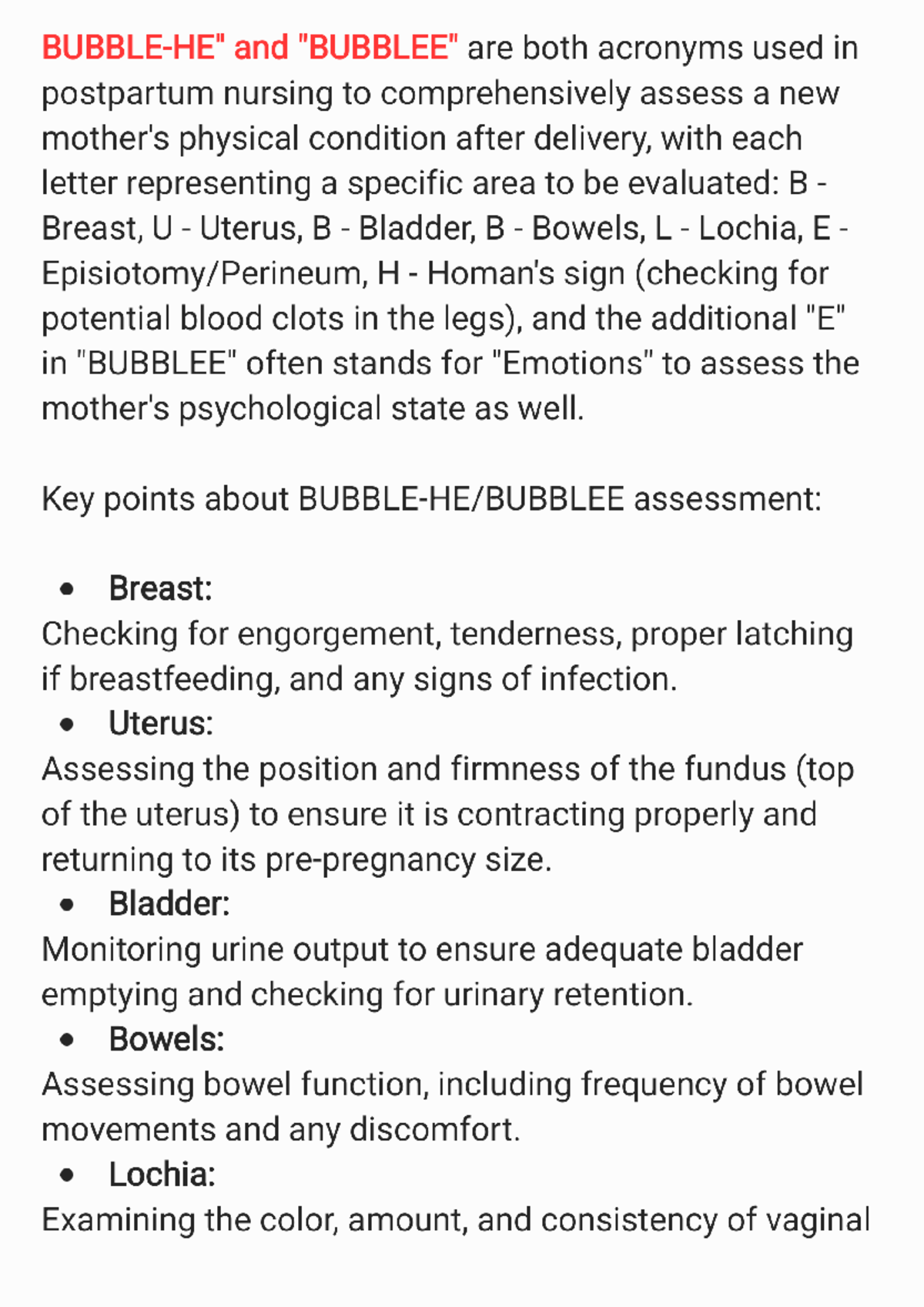 BUBBLE HE Reviewer - and are both acronyms used in postpartum nursing to comprehensively assess ...
