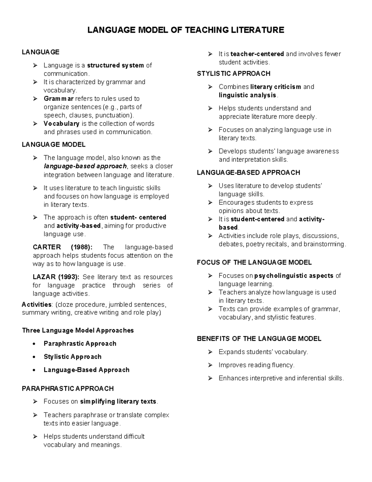 Language Model of Teaching Literature - Handouts - Studocu