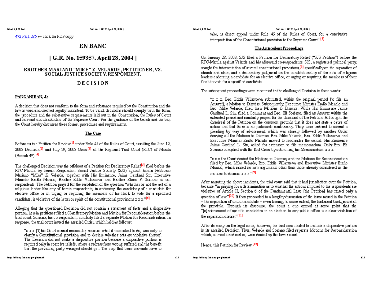 G.R. No. 159357: Analysis of Declaratory Relief in Velarde v. SJS - Studocu