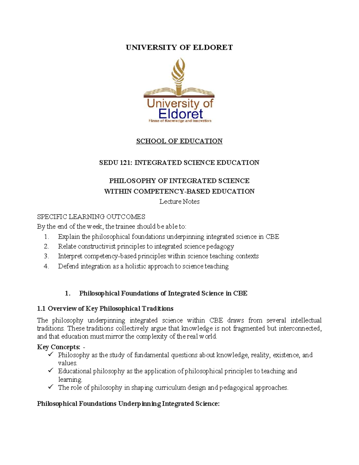 SEDU 121: Integrated Science Education Philosophy Lecture Notes - Studocu