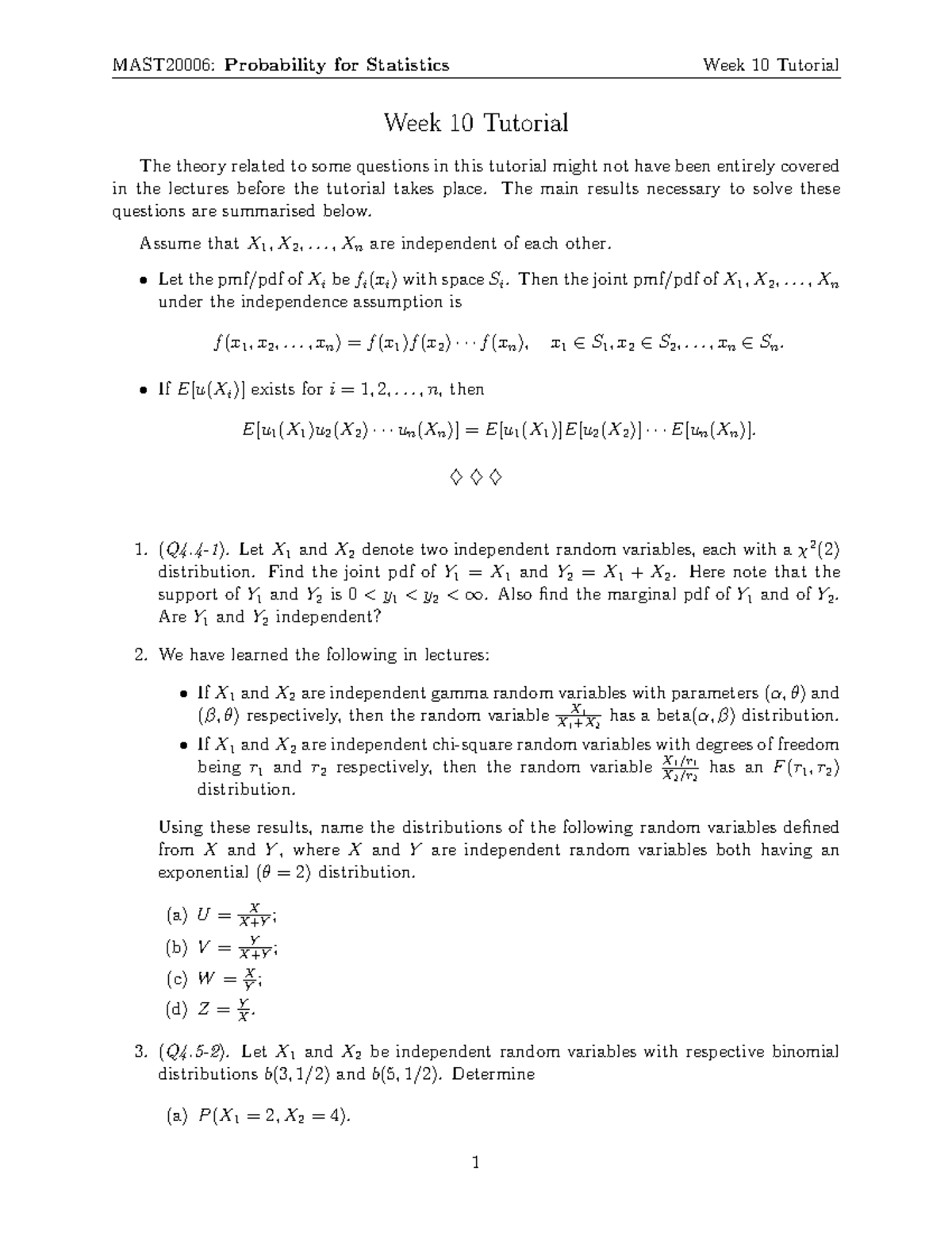 Probability for Statistics (STAT101) Week 10 Tutorial Notes - Studocu