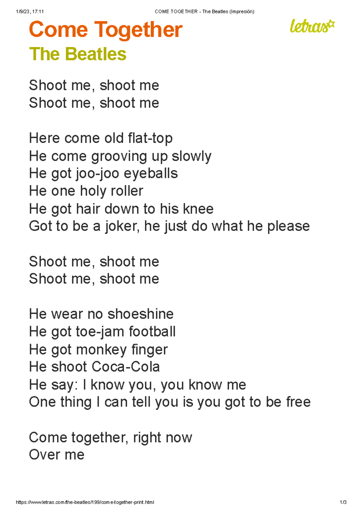 COME Together - The Beatles (Impresión) Lyrics Analysis - Studocu