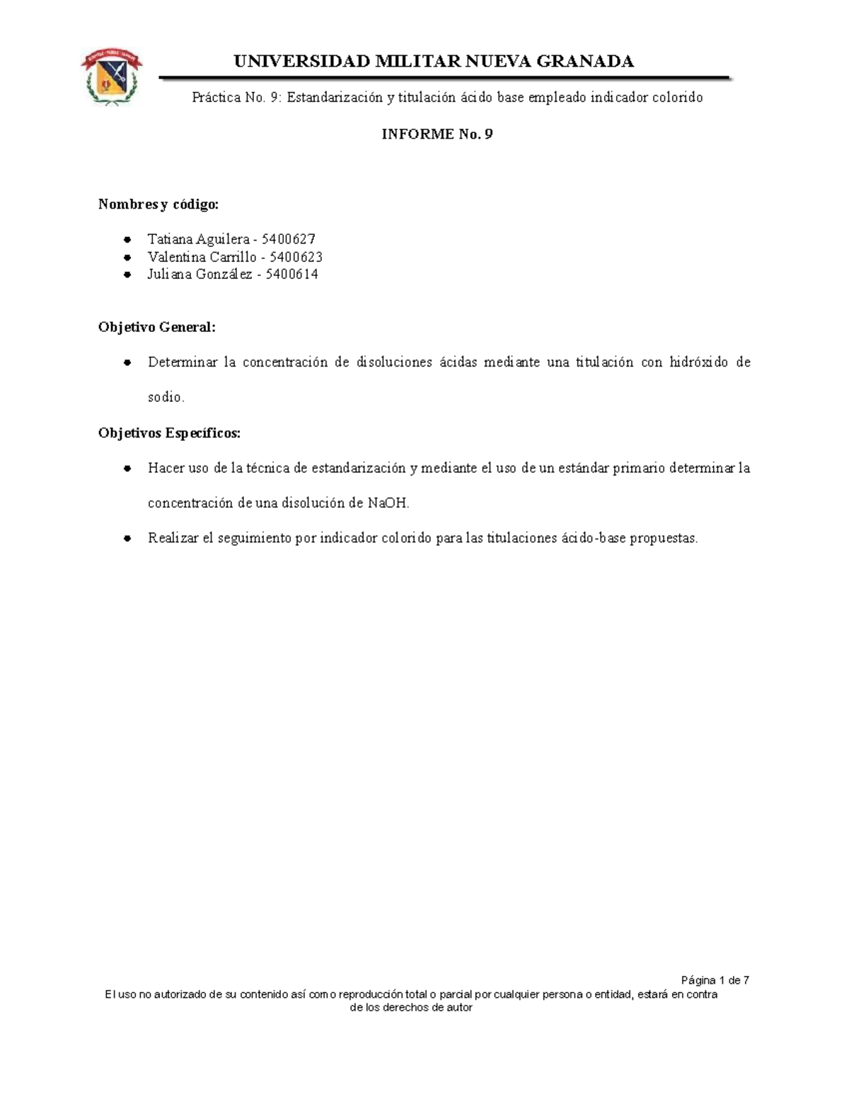 Práctica No. 9. Informe Estandarización y titulación ácido base ...