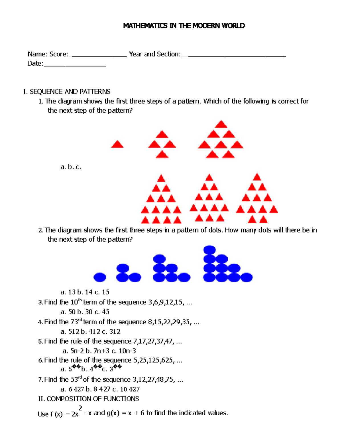 MMW - Midterm Exam Review: Sequences, Functions, and Statistics - Studocu