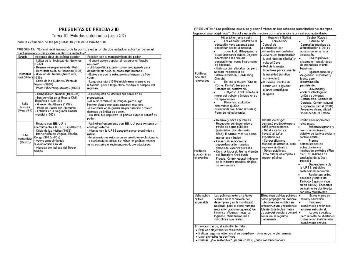 Desarrollo de Preguntas de Prueba 2 IB: Estados Autoritarios (Tema 10 ...