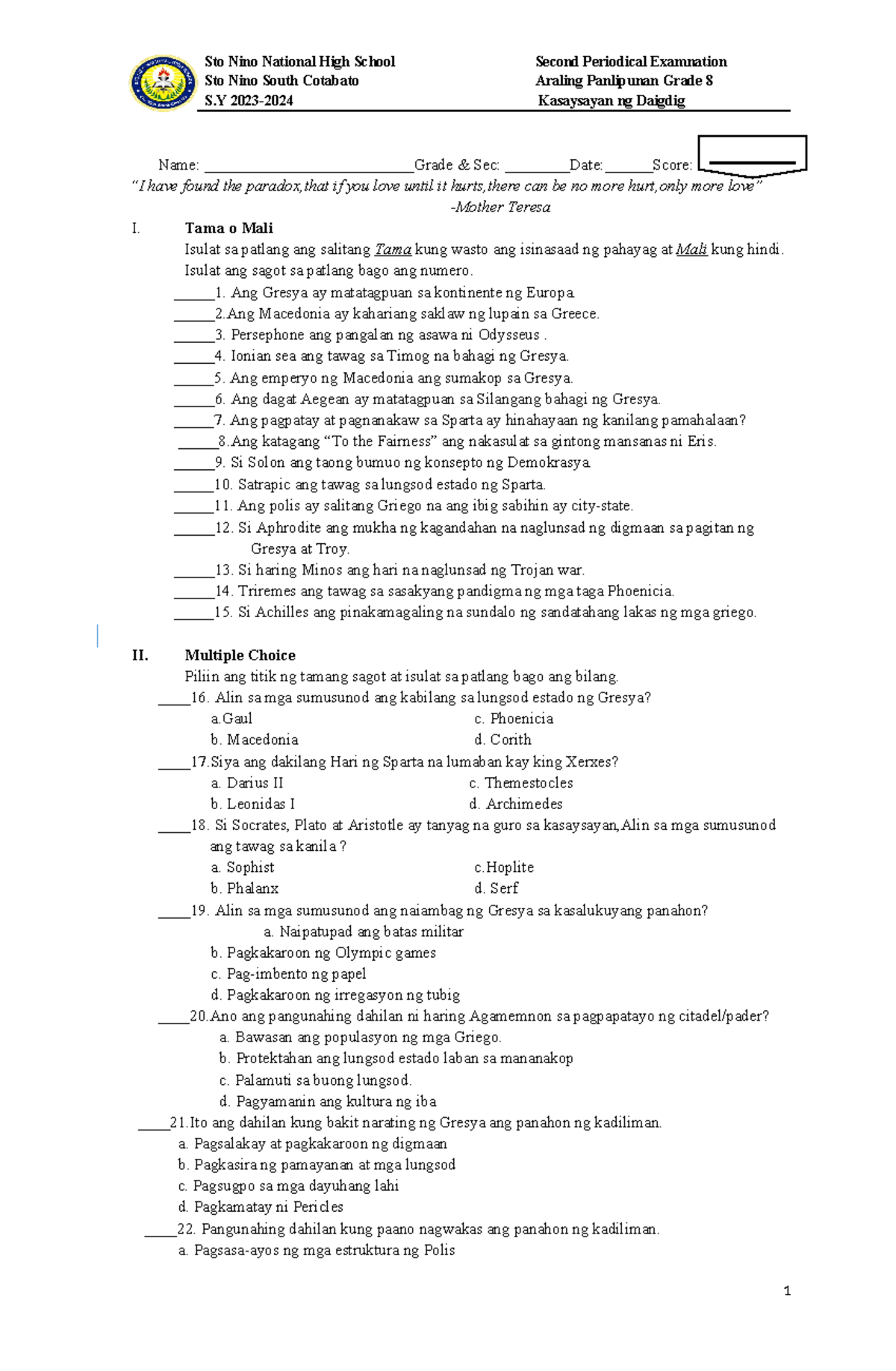 Grade 8 Araling Panlipunan 2nd Grading Exam 2023-2024 - Studocu