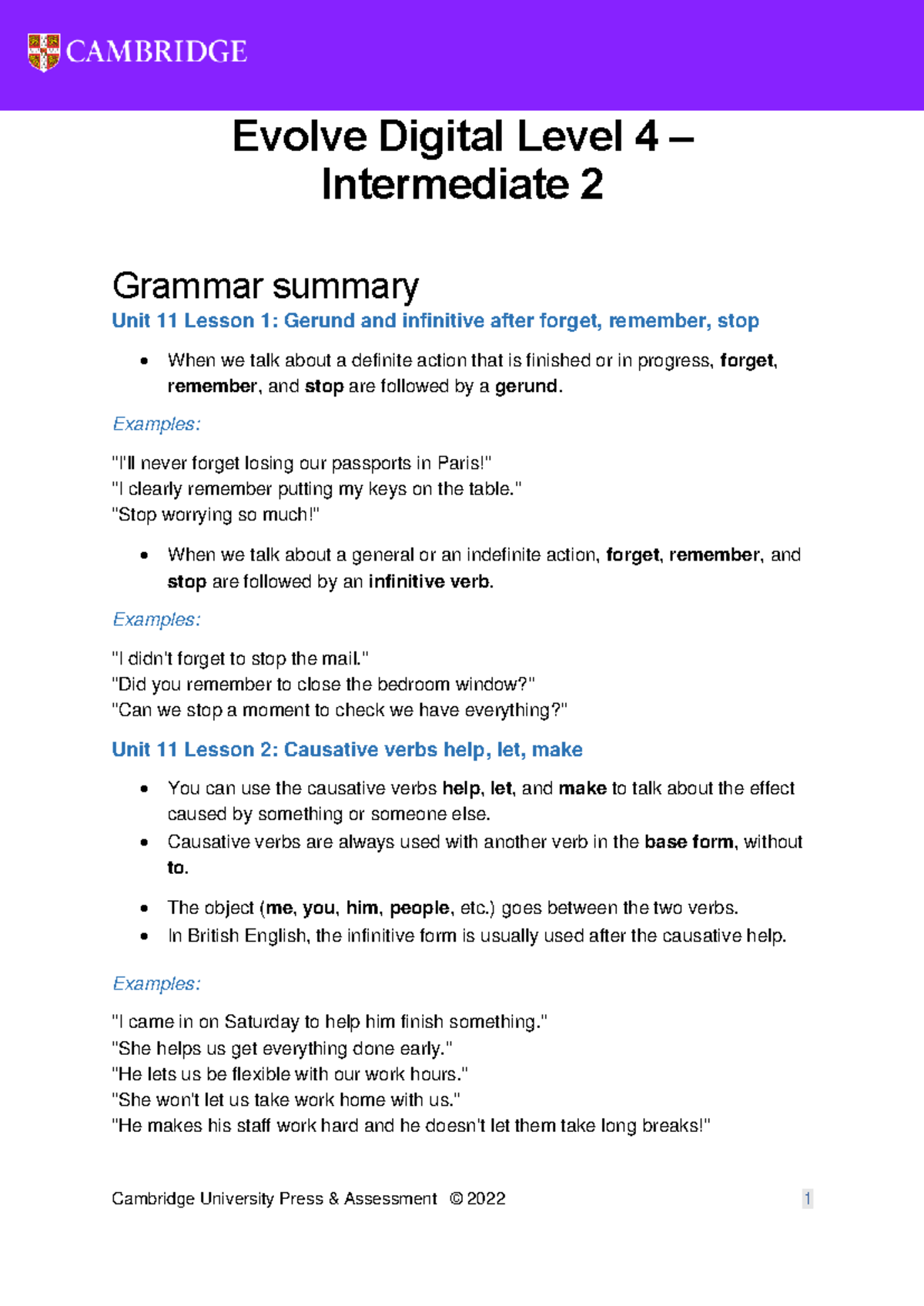 Unit 11 - I2 - Grammar Summary: Gerunds, Infinitives & Causative Verbs ...