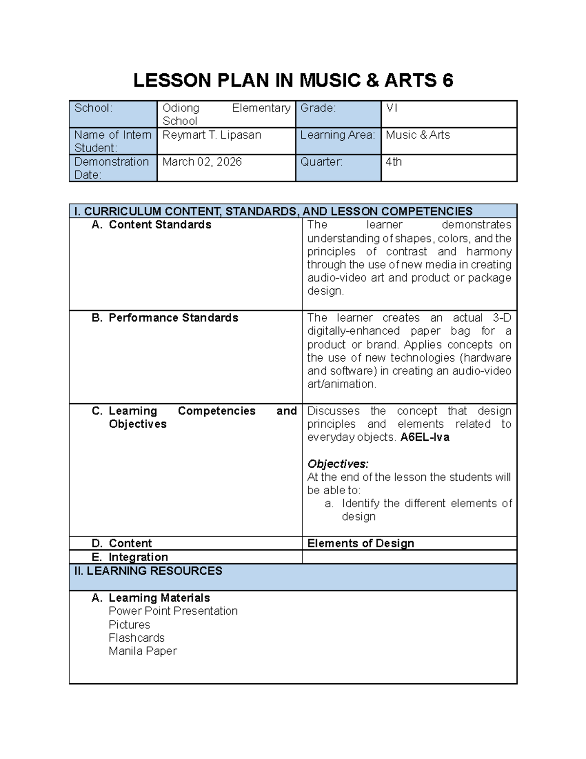 LESSON PLAN IN MUSIC ARTS 6: Elements of Design and Creativity - Studocu