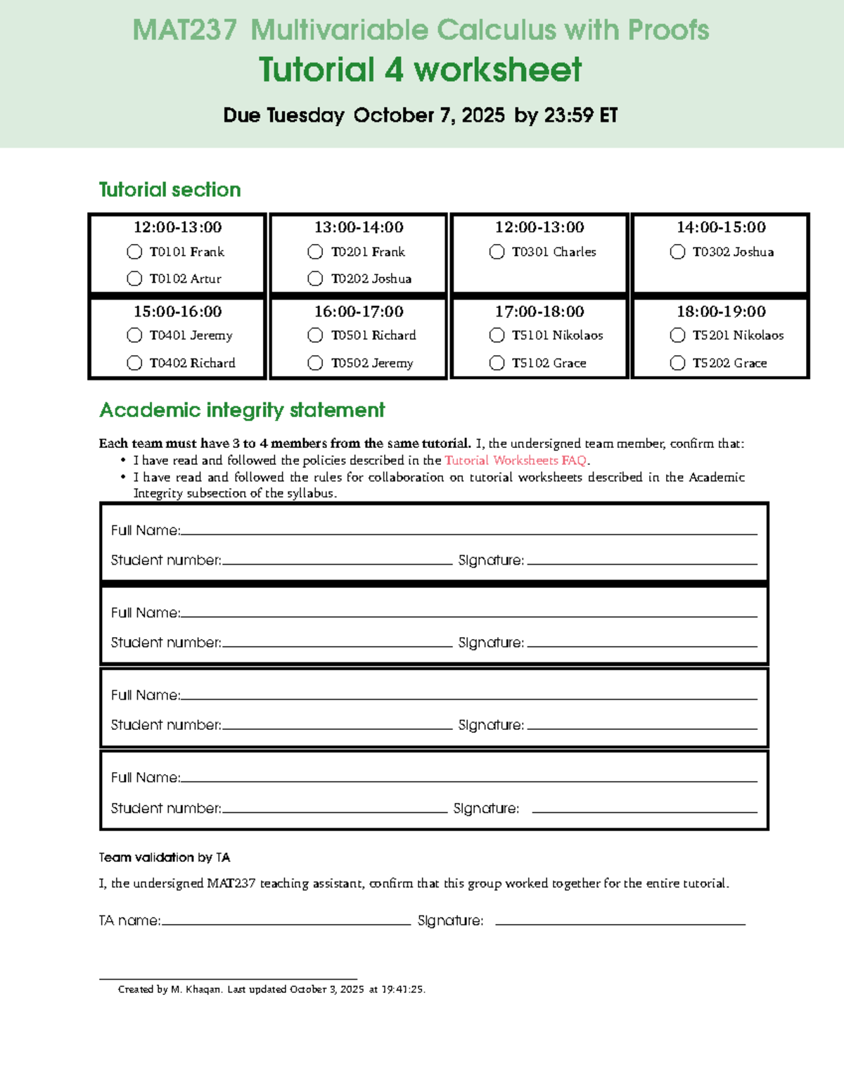 MAT237 Multivariable Calculus Tutorial 4 Worksheet - Due Oct 7, 2025 ...