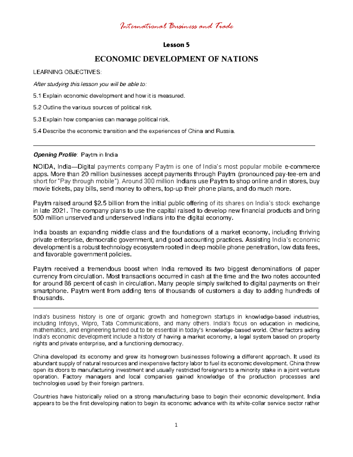 International Business and Trade Lesson 5: Economic Development of ...