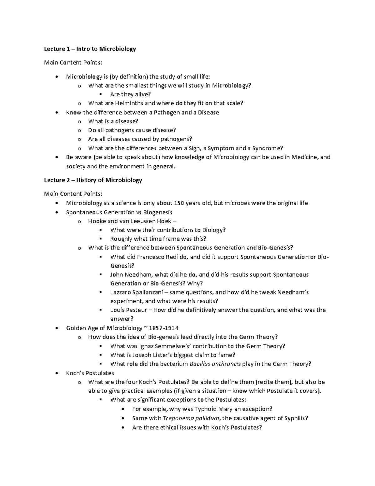 Exam #1 Study Guide: Intro to Microbiology Lectures and Key Concepts ...