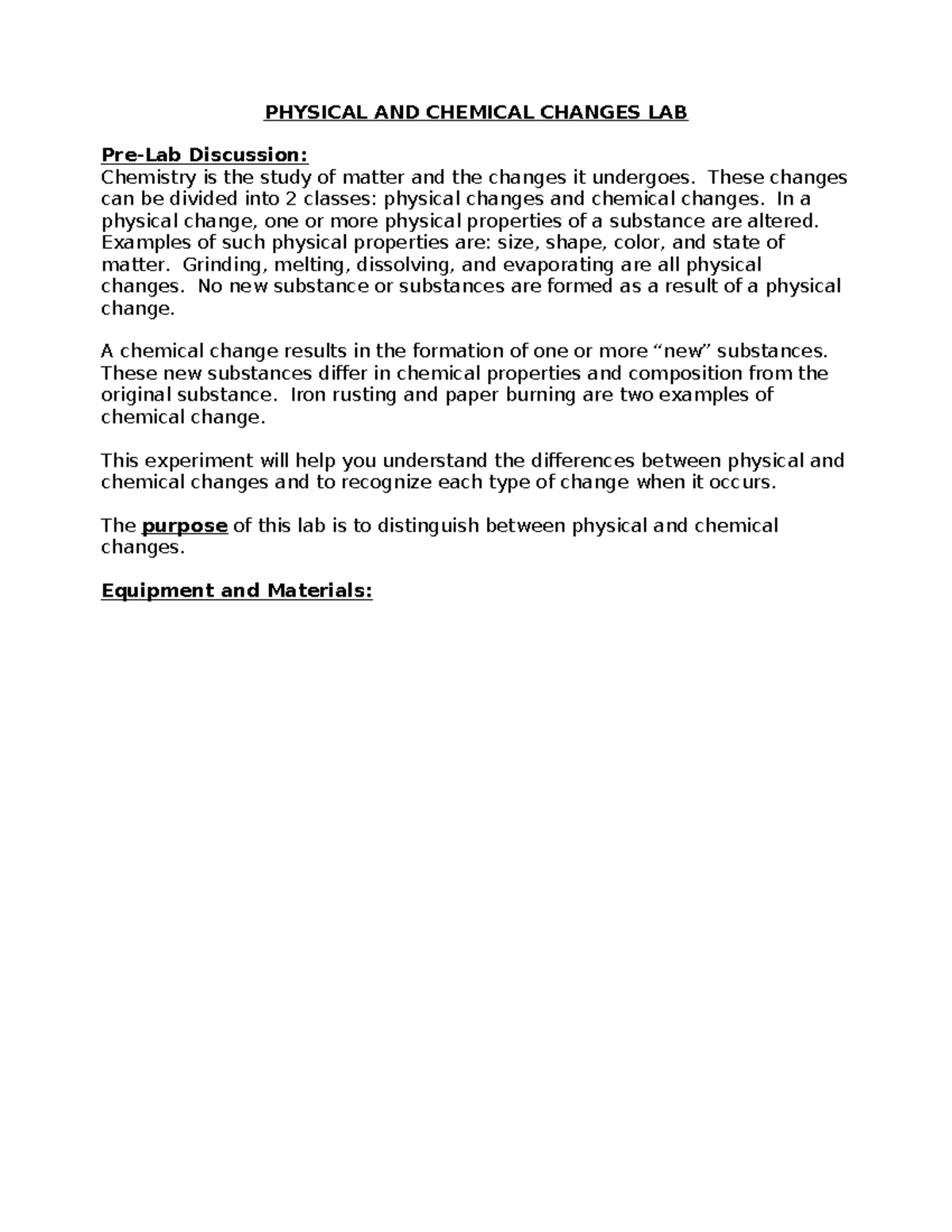 PHYSICAL AND CHEMICAL CHANGES LAB (CHEM 101) - Lab Assignment - Studocu