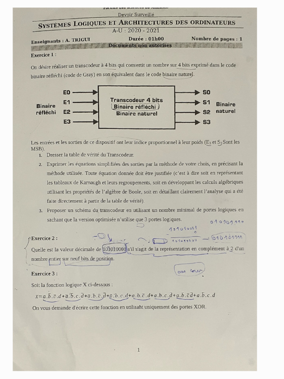 Devoir Surveillé SYSTÈMES LOGIQUES 2020-2021 - Exercice et Solutions - Studocu