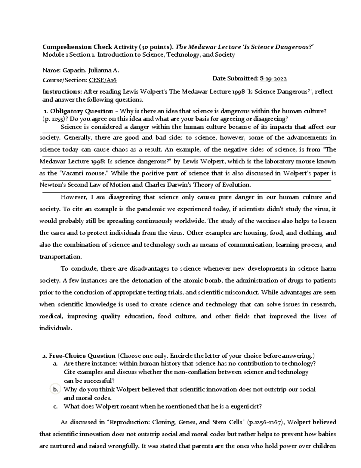 MRR 1 - Comprehension Check: Medawar Lecture Insights 22-23 - Studocu