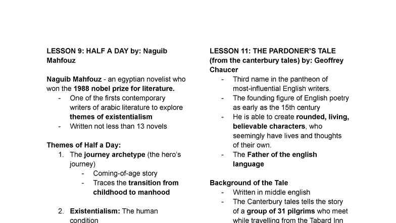 GE 118 Finals - GREAT BOOKS - LESSON 9: HALF A DAY by: Naguib Mahfouz ...