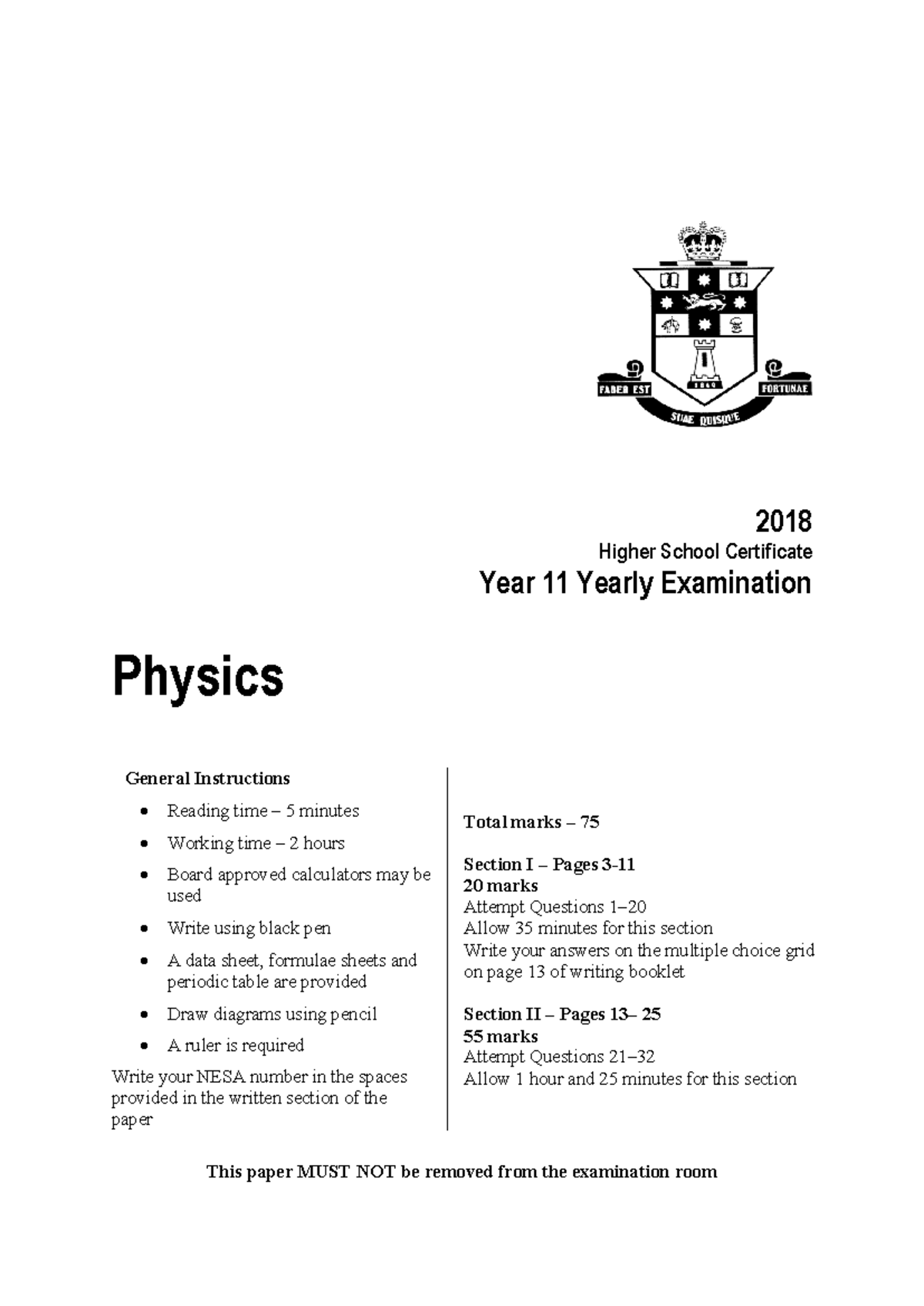 Physics 2018 Year 11 Preliminary Task Exam Instructions - Studocu