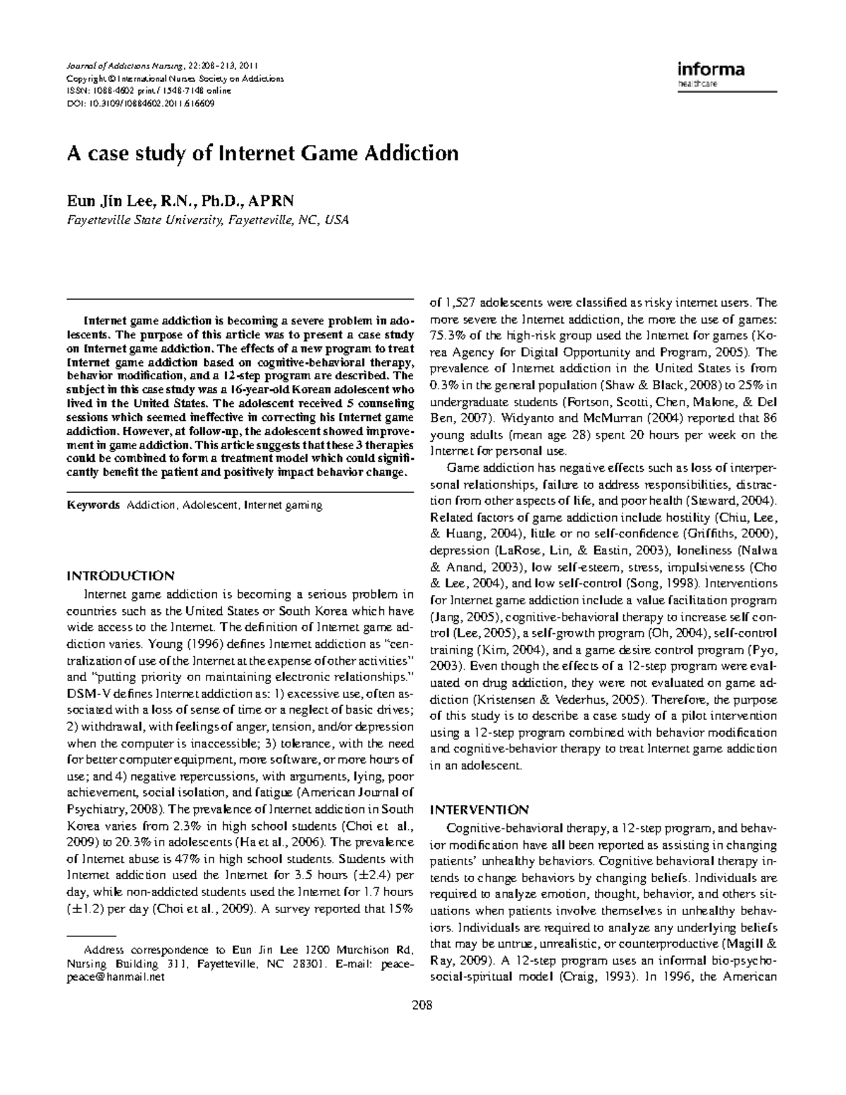 Case Study on Internet Game Addiction: A Cognitive-Behavioral Approach ...