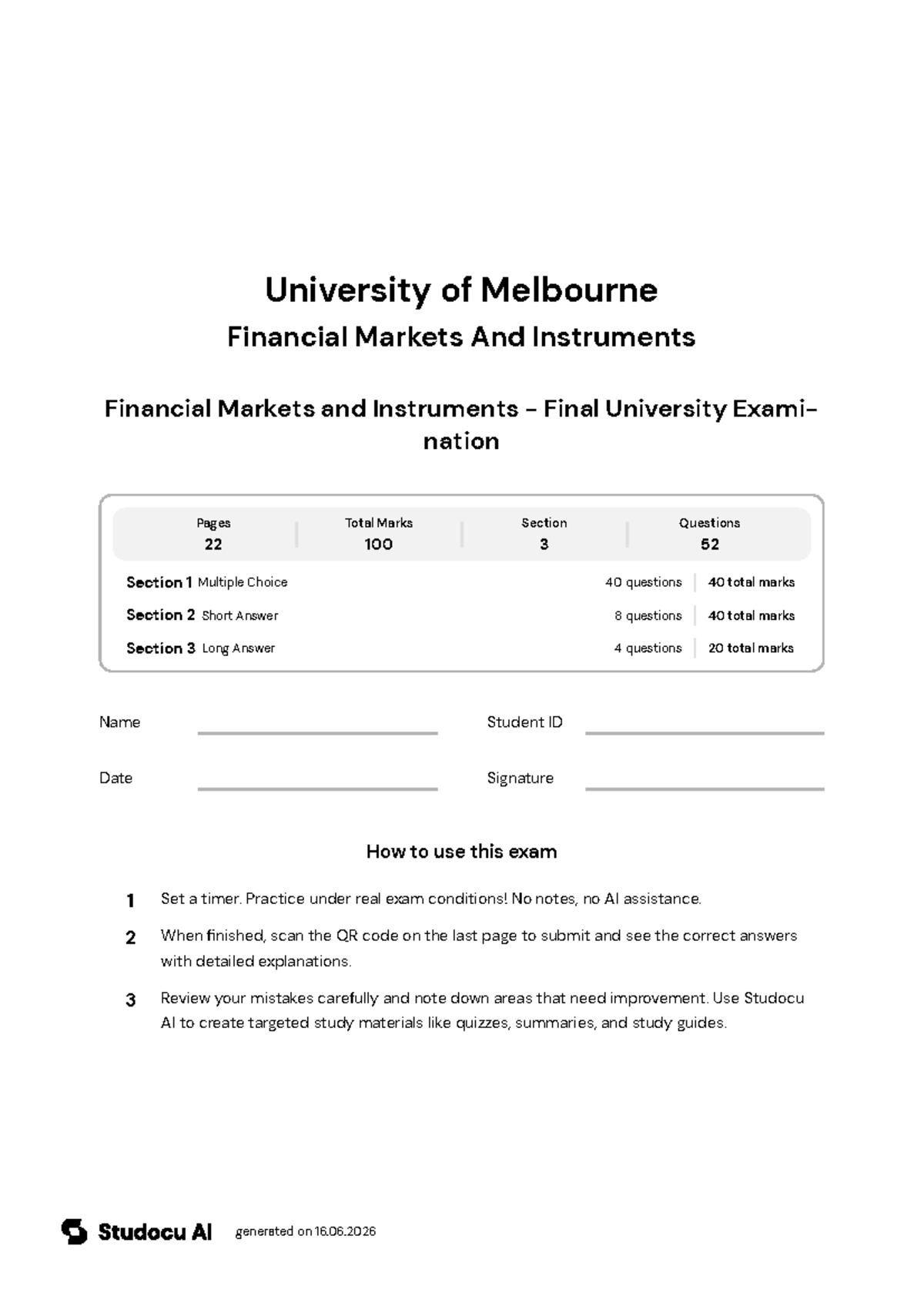 FNCE90047 - Financial Markets Final Exam - Studocu