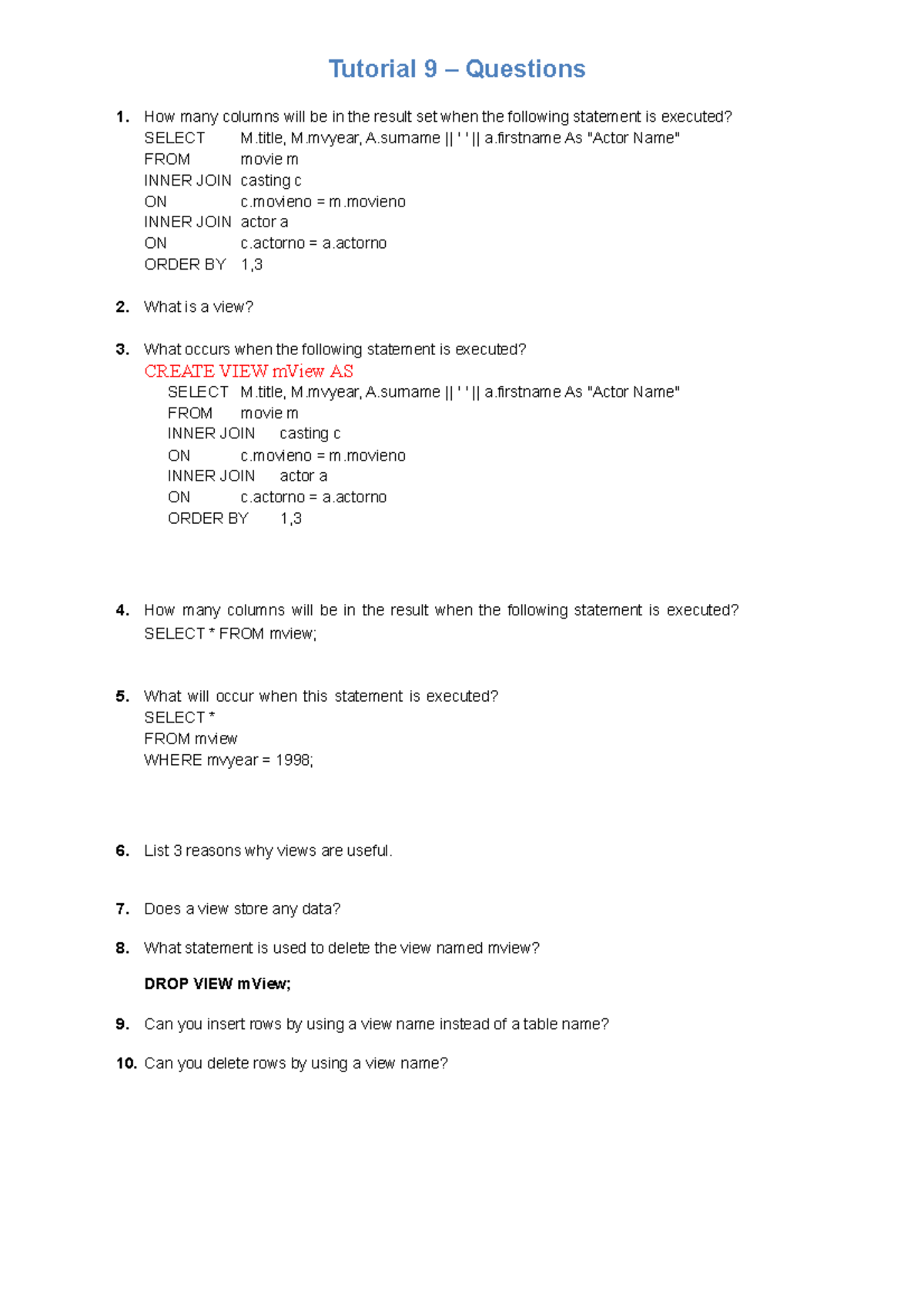 Topic 8 - week 11 Tutorial Questions - Tutorial 9 – Questions 1. How ...