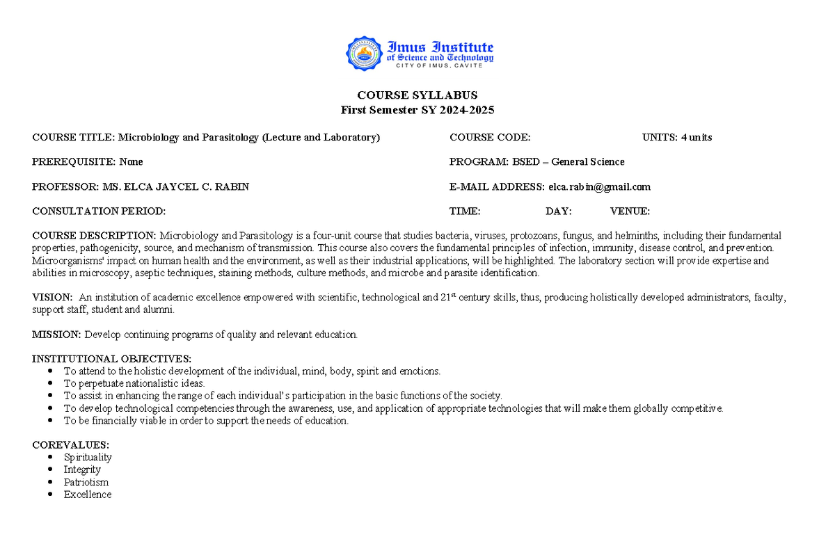 BSED Microbiology and Parasitology Syllabus: Lecture & Lab Overview ...