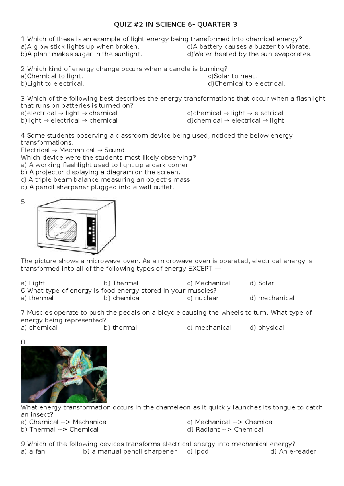 QUIZ SCIENCE Q3: Energy Transformations and Types - Studocu