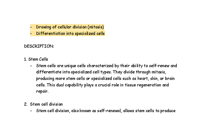 Cell Differentiation & Specialization (BIO 101) Draft Notes - Studocu