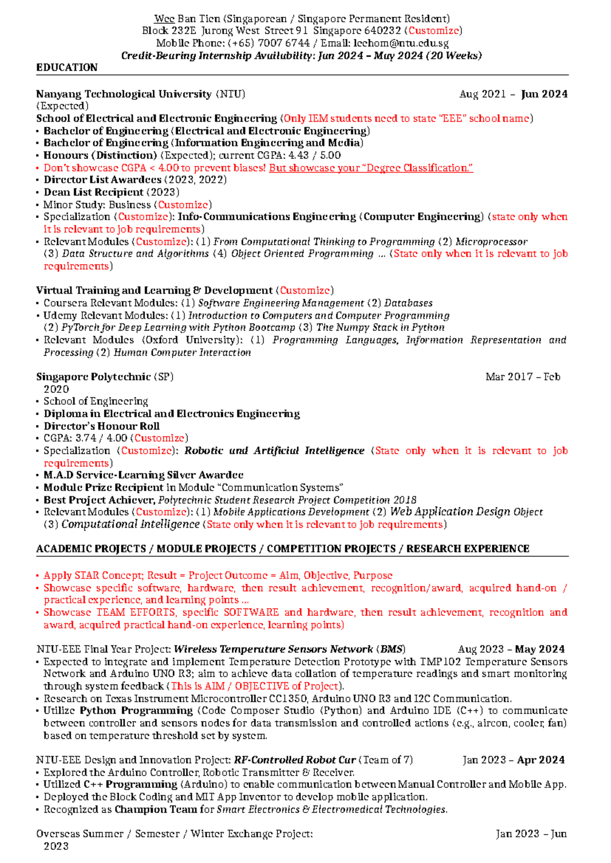 NTU EEE Resume Format Template for Engineering Students - Studocu
