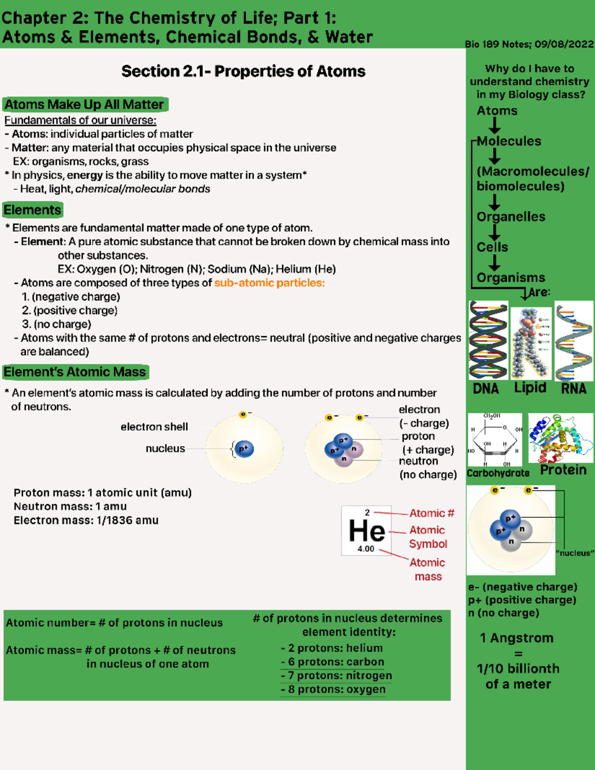 Chapter 2-Part 1+2 - Chapter 2: The Chemistry of Part 1: Atoms Elements ...