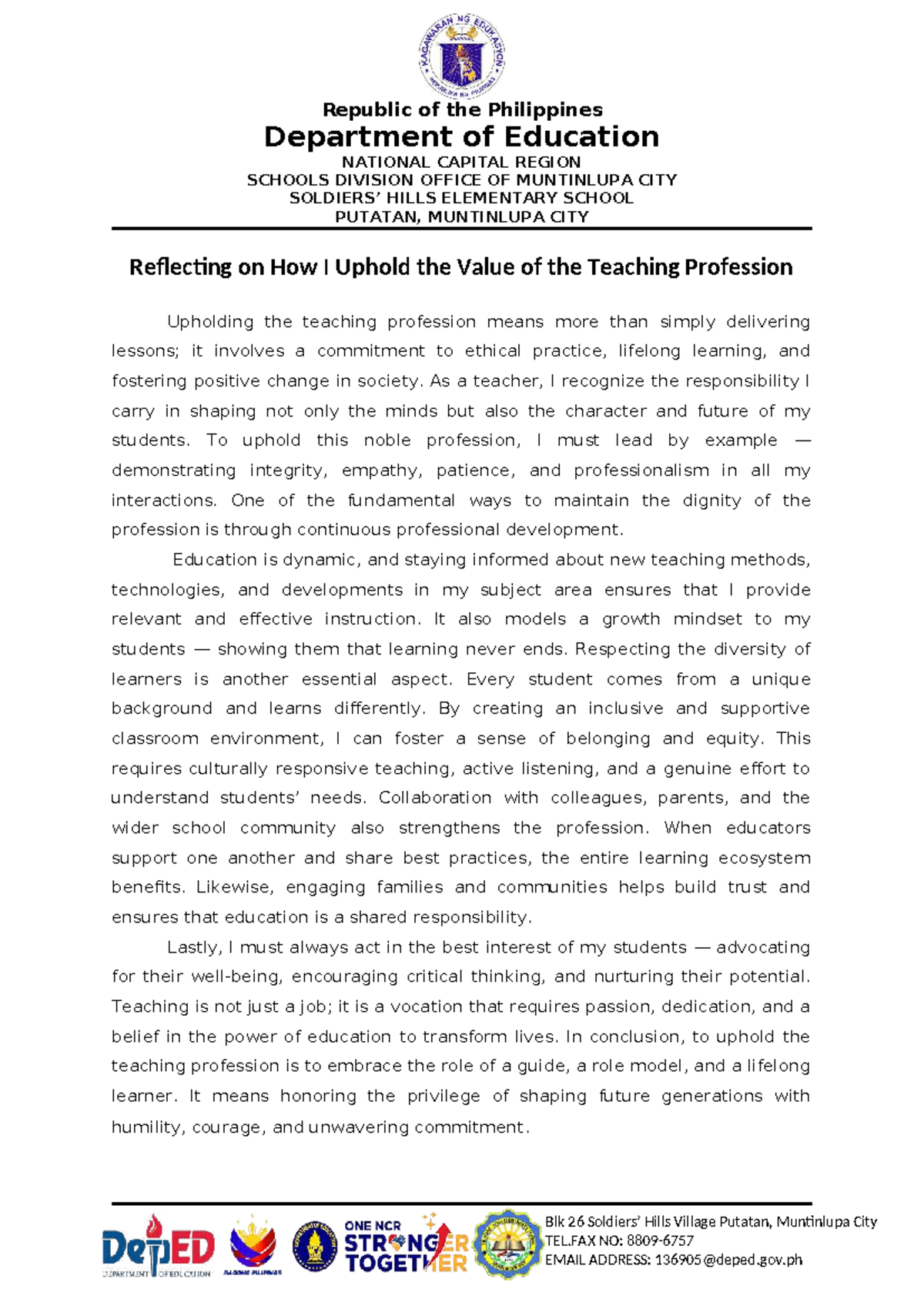 Reflection on Upholding the Teaching Profession in the Philippines ...