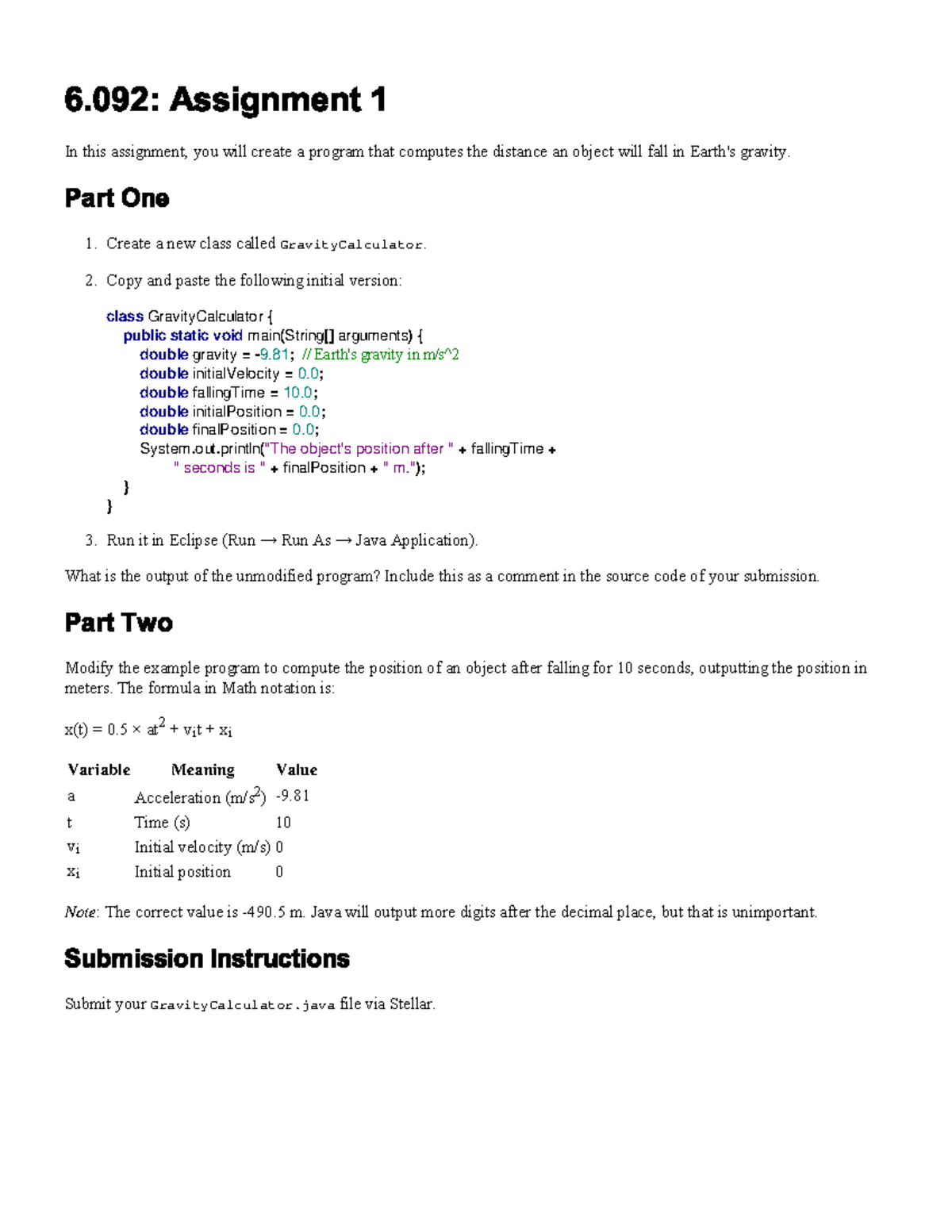 CSC1016 Gravity Calculator Program Assignment Instructions - Studocu