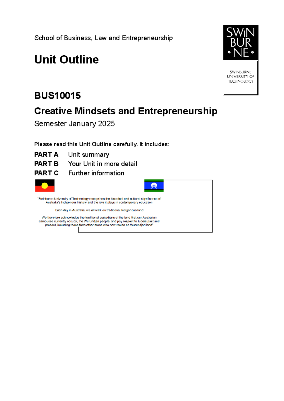 BUS10015 Creative Mindsets & Entrepreneurship Unit Outline - Jan 2025 ...