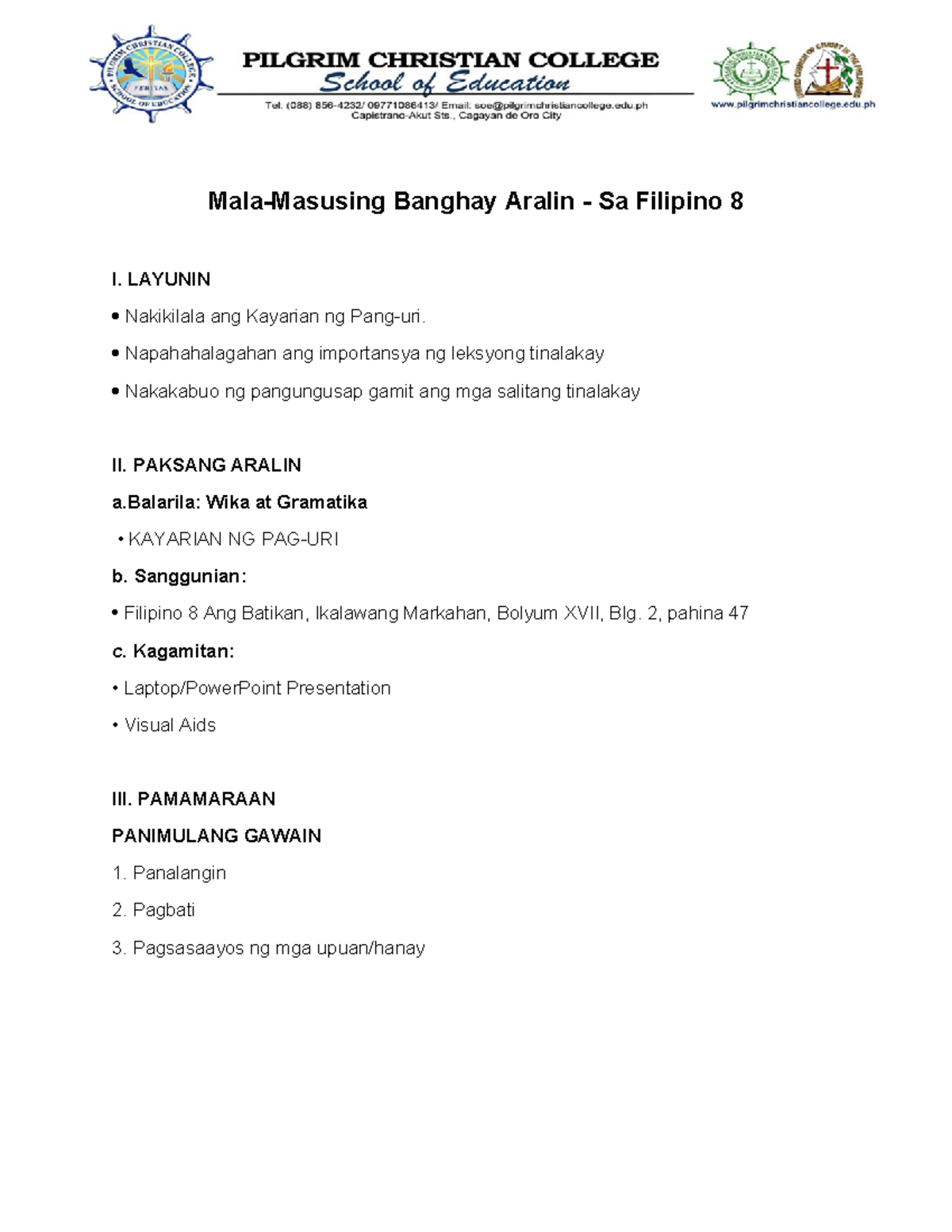 Filipino 8 Lesson Plan: Kayarian ng Pang-uri Activities and Goals - Studocu